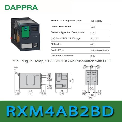 Jual RXM4AB2BD Relay 24VDC 650Ohm 6A 4PDT RXM Series Power relay PS10 ...