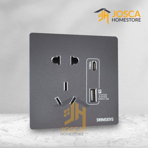 Jual Colokan Dinding USB Type C Abu Stop Kontak Universal Wall plug ...