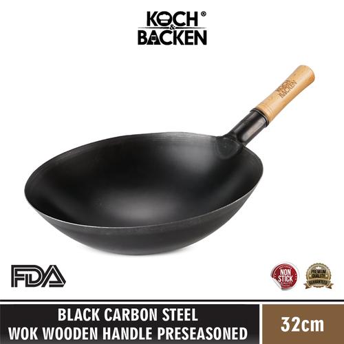 Promo KOCH&BACKEN Black Carbon Steel Wok 32cm Wajan Gagang Kayu Pre ...