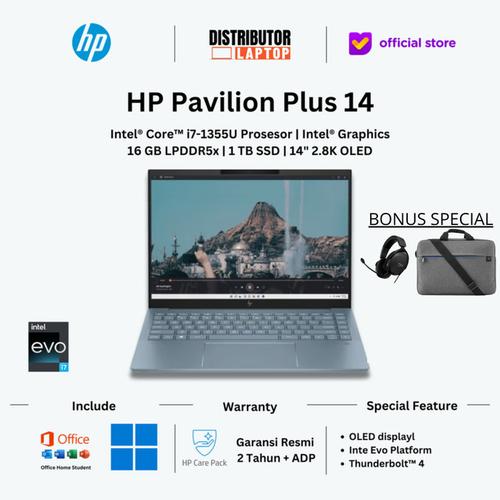 Promo HP Pavilion Plus 14 i7-1355U EVO RAM 16GB 1TB SSD - Blue, Bundle ...