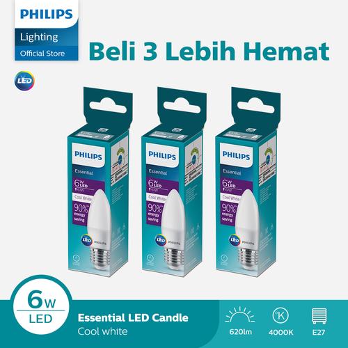 Promo Paket Hemat 3X Lampu Philips Bohlam ESS LED Candle 6W E27 4000K ...
