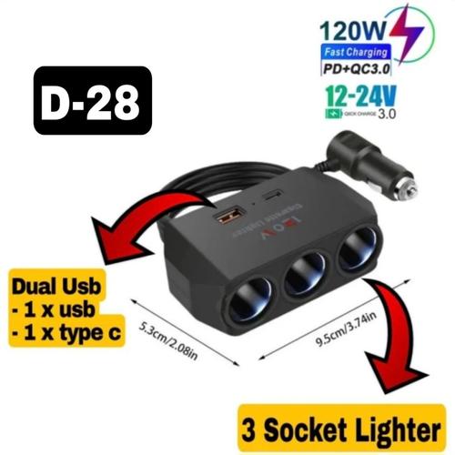 Jual Socket Lighter Car 120W 3in1 USB PD Fast Charger Cigarette ...