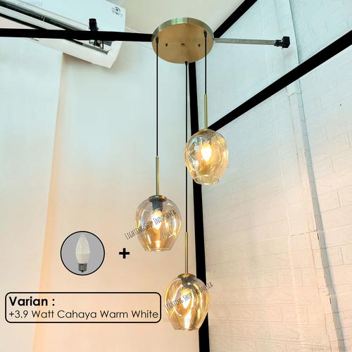 Jual Lampu gantung void tangga minimalis 3in1 body gold kaca teh 3lampu meja makan modern ...