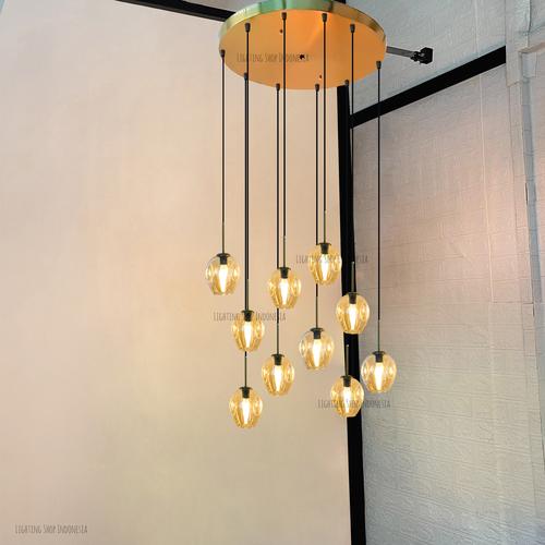 Jual Lampu gantung void tangga minimalis 10in1 body gold kaca teh minimalis ruang tamu modern ...