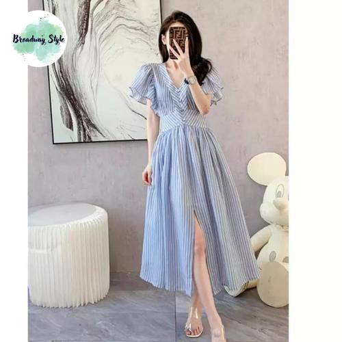 Jual Long Dress Baju Terusan Wanita Striped Blue Maxi Wings Pantai ...
