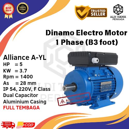 Jual Elmot Alliance 5 Hp 3.7Kw 1 Phase 1400rpm B3 foot - Dinamo Electro Motor 220v 4 Pole Dual ...