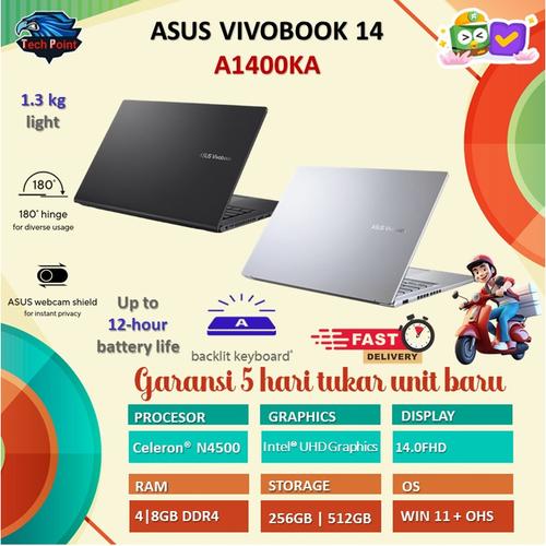 Promo ASUS Vivobook 14 A1400KA Intel Celeron N4500 8GB 512GB SSD 14.0 FHD Windows 11 + OHS - SLV ...
