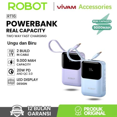 Jual ROBOT RT16 Mini Powerbank 9000mAh LED Display Built-in Cable 2 ...