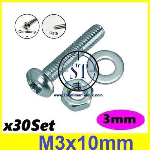 Jual x30 Set Baut Mur Ring M3 x 10mm JP3 M3 3mm Ukuran M3x10 3x10mm 3x10 3x10mm Kepala Cembung ...
