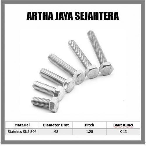 Jual Baut Mur Stainless M8 x 80 Baut Hexagon Stainless M8 x 80 SUS 304 Baut Kunci 13 - Kota ...