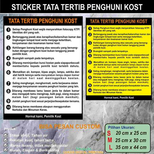 Jual Stiker Vinyl Tata Tertib Kos / Aturan tata tertib penghuni kos ...