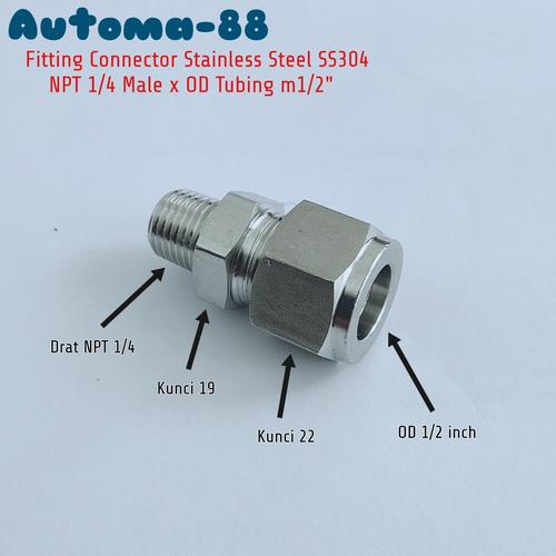 Jual Male Connector Fitting Drat NPT 1/4 NPTM Male x Tubing 1/2 inch Tube OD 1/2" SS304 ...