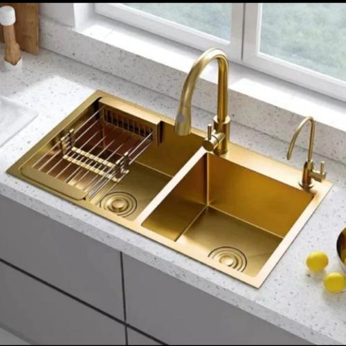 Jual Kitchen sink 8245 gold emas+kran fleksibel/bak cuci piring gold ...