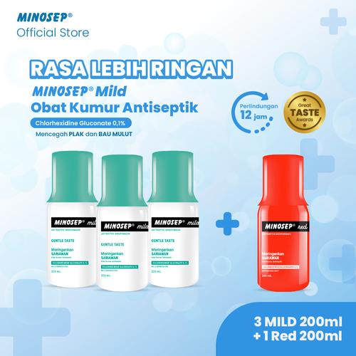 Promo Minosep MILD Obat Kumur Antiseptik 200ml 3 botol + 1 RED 200ml ...