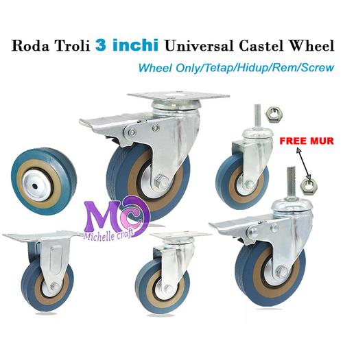 Jual Roda Troli 3 inchi (Wheel only/Mati/Hidup/Rem/Screw)Biru-Anti slip ...