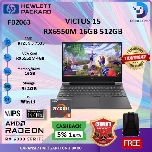 Promo HP Victus 15 RYZEN 5 7535hs RX6550M 8GB/16GB 512GB Win11 15.6FHD ...