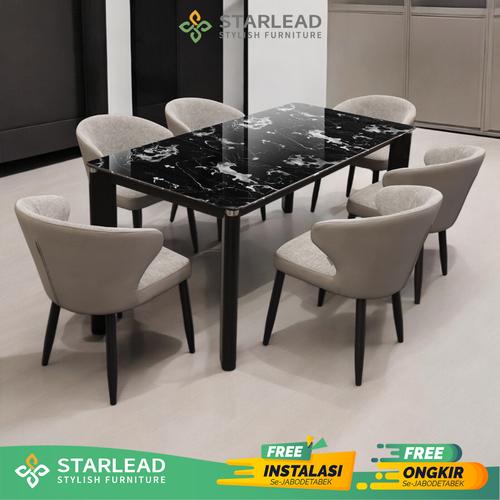 Promo STARLEAD Set Meja Makan Batu Marbel Minimalis Black Reef Marble ...
