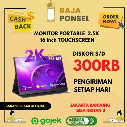 Promo Portable Monitor 16 Inch 2.5K QHD FHD+ IPS 60Hz HDR Wide Angle ...
