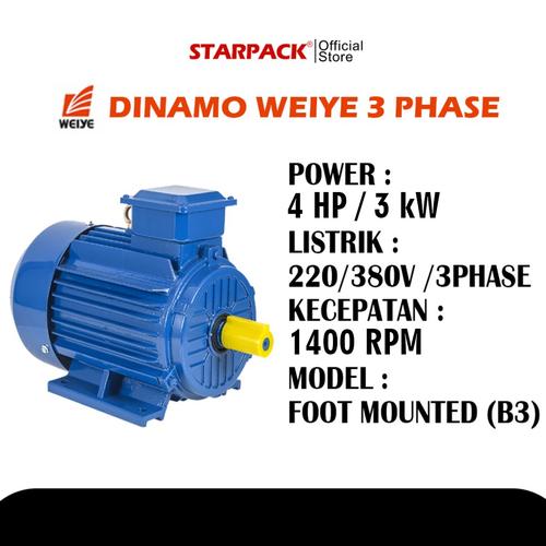 Jual WEIYE Dinamo Listrik 4 HP / 3 kW 3 Phase 1400 RPM Electric Motor 4 Pole B3 - Kab. Sidoarjo ...