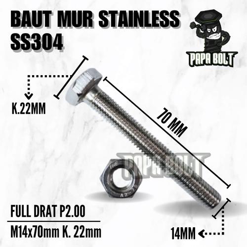 Jual Baut Mur Hex Stainless Steel 304 14x70 / M14 x 70 Kunci 22 P2.00 ...