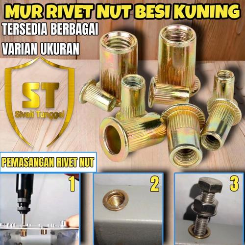 Jual (100pcs) 6x15 MUR RIVET NUT KUNING RIVNUT BESI CARBON STEEL ...