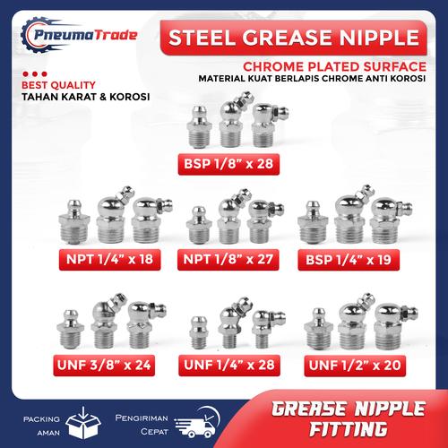 Jual NIPPLE GREASE STEEL CRHOME 1/8 NEPEL LURUS/45°/90° LURUS - 1/4 ...