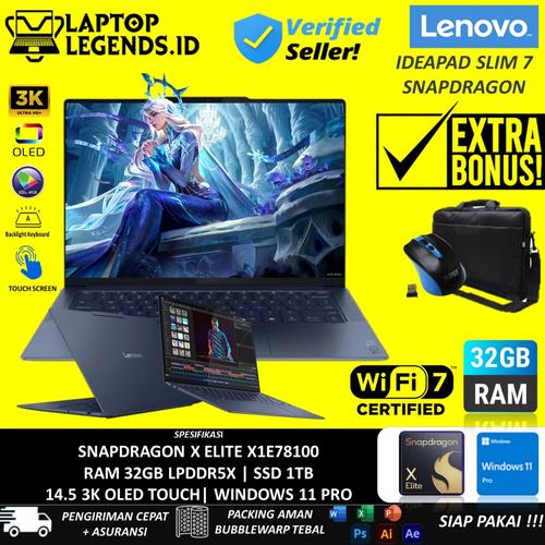 Jual Lenovo Yoga Slim 7x Snapdragon X Elite X1e78100 32gb Ddr5 1tb 4.5 3k Oled Touch Bl Windows ...