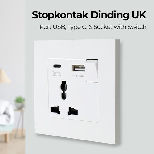 Jual Stop Kontak Dinding UK 2 Port USB Type C Socket with Switch ...