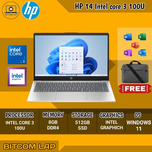 Promo Laptop hp 14 intel core 3 100U ram 16gb ssd 1tb win11 silver ...
