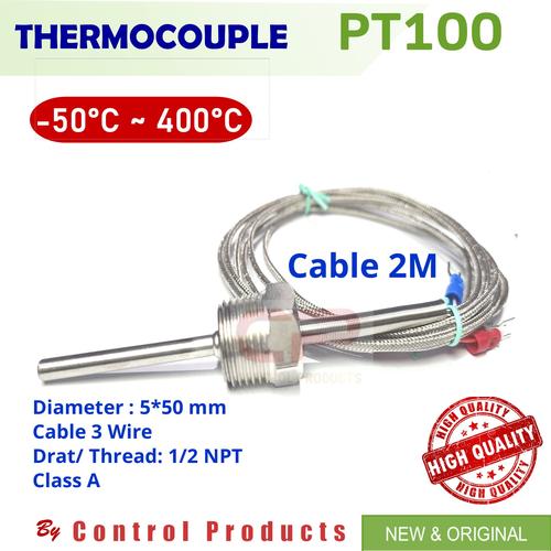 Jual RTD PT100 Temperature Sensor Thermocouple 2M Stick 5x50mm 1/2NPT ...