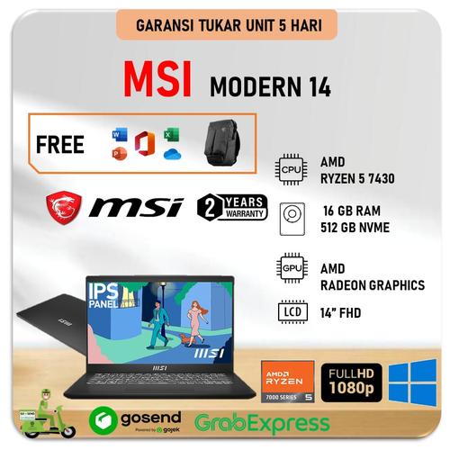 Jual MSI Modern 14 Ryzen 5 7430U 16GB 512GB W11+OHS 14.0FHD IPS Blit ...