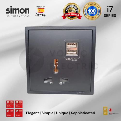 Jual Stop Kontak Universal + USB Simon I7 Black Doff Multi Standard ...