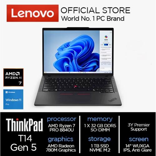 Jual ThinkPad T14 Gen 5 AMD 21MC005YID Ryzen 7 PRO 8840U 32GB 1TB Windows 11 Pro AI NPU Radeon ...