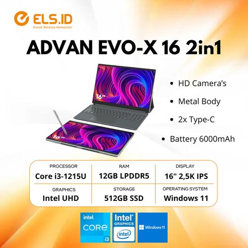 Promo Advan Evo-X 16 2in1 Intel i3-1215U 12GB SSD 512GB 16" 2.5K ...