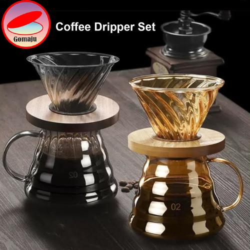 Promo V60 Dripper Set Wooden Glass Coffee Dripper Filter Penyaring Kopi V60 Pot Kettle Kaca Cone ...