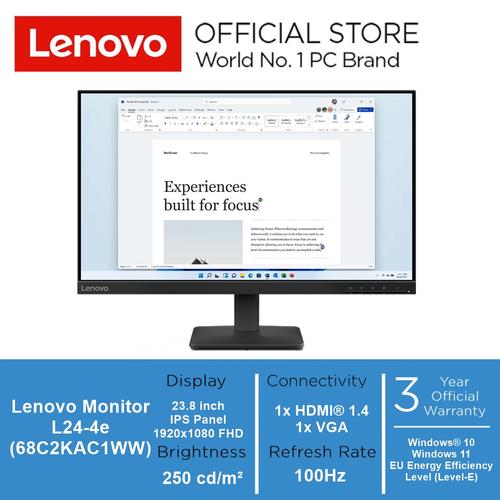 Promo Lenovo Monitor L24-4e 23.8" FHD IPS Panel 100Hz Anti-glare Cicil ...