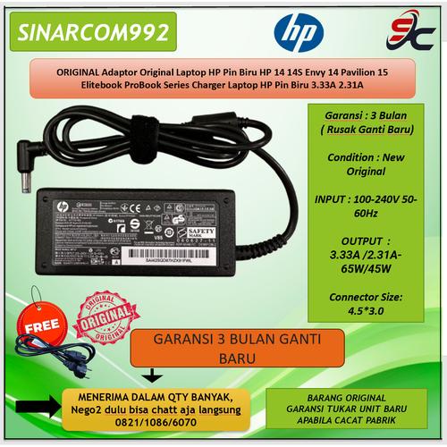 Jual ORIGINAL Adaptor Original Laptop HP Pin Biru HP 14 14S Envy 14 ...