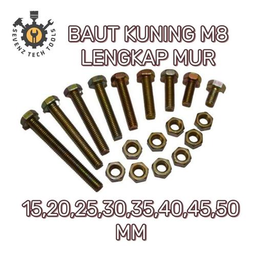 Jual BAUT KUNING M8 UKURAN 15-50MM LENGKAP DENGAN MUR YELLOW ZINC PLATED BOLT KUNCI 12 LENGKAP ...