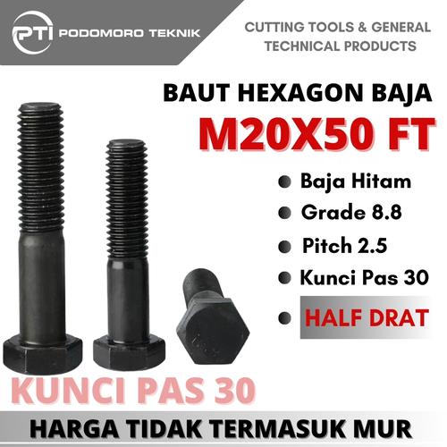 Jual Baut Hexagon 8.8 M20x50 Kunci 30 High Tensile Bolt HTB Baja 8.8 Hitam M20 Pitch 2.5x 50 ...