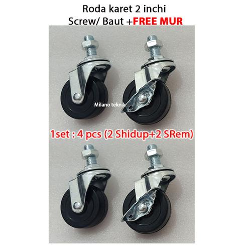 Jual Roda 2 inch karet 4pcs Screw Hidup/ Rem+Mur Roda Troli Etalase ...