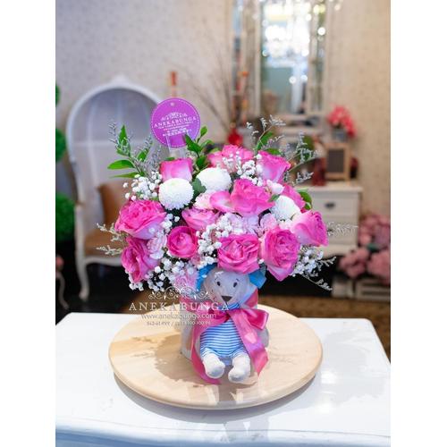 Jual Flower Box Bunga Asli Boneka Beruang Pot Kotak Bulat Fresh Rose ...