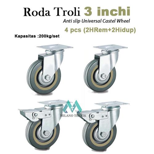 Jual (4pcs)Roda Troli 3 inchi RS VARIAN (Mati/Hidup/Rem)Abu-Anti slip ...