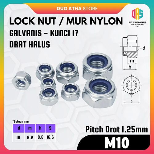 Jual Mur Nylon M10x1.25 / Lock Nut M10 / Mur Nilon M10 Galvanis Putih ...