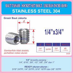 Jual Baut L tanam L-set INCHI 1-4 x 3-4 UNC 20TPI - 6mm x19mm - SS 304 ...