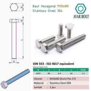 Jual Baut Hex M10x80 Stainless Steel 304 SS304 M10 Bolt DIN933 ISO4017 ...