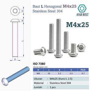 Jual Baut L Button Head M4x25 Stainless Steel 304 SS304 ISO 7380 M4 ...