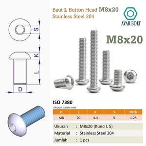 Jual Baut L Button Head M8x20 Stainless Steel 304 SS304 ISO 7380 M8 Socket - Kota Malang ...