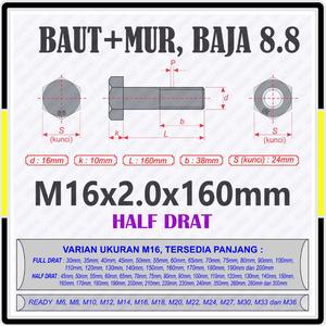 Jual M16 x160mm Pitch 2.0 Kunci 24 - Baut & Mur - baja 8.8 - HALF DRAT ...