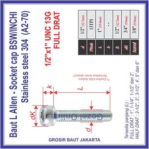 Jual Baut L SS304 BSW INCHI 1/2" x 1" UNC 13TPI FULL - Stainless SUS ...