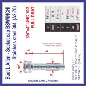 Jual Baut L SS304 BSW INCHI 3/4" x 4" UNC 10TPI FULL - Stainless SUS ...